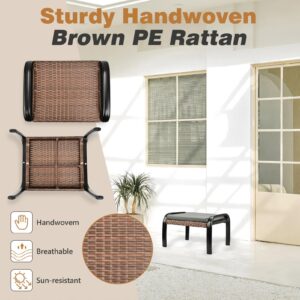 Deguifei Patio Footstool Ottoman Outdoor Foot Rest with Aluminum Frame Rattan Furniture Foot Stools Seat with Soft Cushion for Garden Yark 1 Set Brown