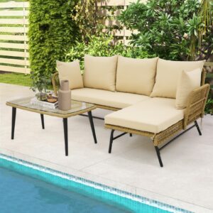 Tangkula Outdoor Wicker Furniture Set, 3-Piece L-Shaped Patio Sofa with Cushions & Tempered Glass Table, Heavy-Duty Metal Frame Perfect for Backyard, Decks, Gardens (Beige)