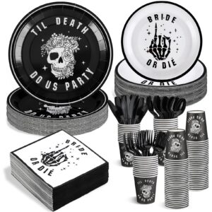 norme 244 pcs bride or die bachelorette party tableware set include 24 pcs 9 inch 7 inch plates 24 pcs 9 oz paper cups 100 pcs napkins 24 knives 24 forks 24 spoons for halloween bachelorette