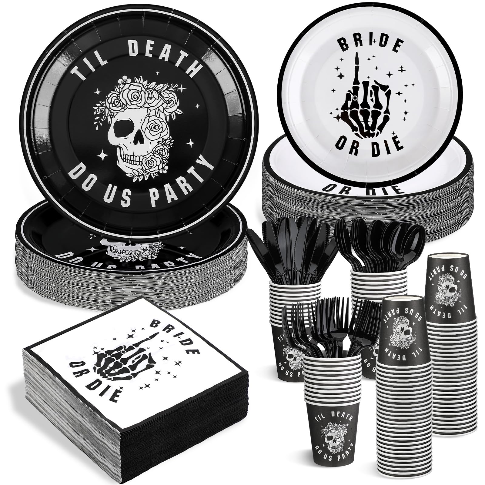 Norme 244 Pcs Bride or Die Bachelorette Party Tableware Set Include 24 Pcs 9 Inch 7 Inch Plates 24 Pcs 9 oz Paper Cups 100 Pcs Napkins 24 Knives 24 Forks 24 Spoons for Halloween Bachelorette