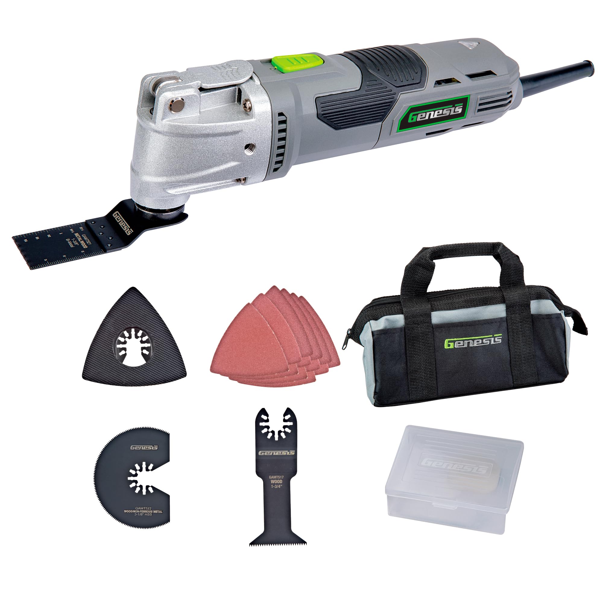 Genesis Oscillating Tool 3.5 Amp Oscillating Multi Tool with 3.7° Oscillation Angle, 6 Variable-Speeds with 16-Piece Accessory Set, Storage Box, Carrying Bag, and 2 Year Warranty (GMT35T)