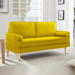 Hdxdkog Velvet Loveseat Sofa, 66.9'' Mid Century Modern Small Love Seats with 2 Pillows & Golden Legs Comfy Couch for Living Room, Upholstered 2 Seater Sofa for Small Apartment (Yellow)