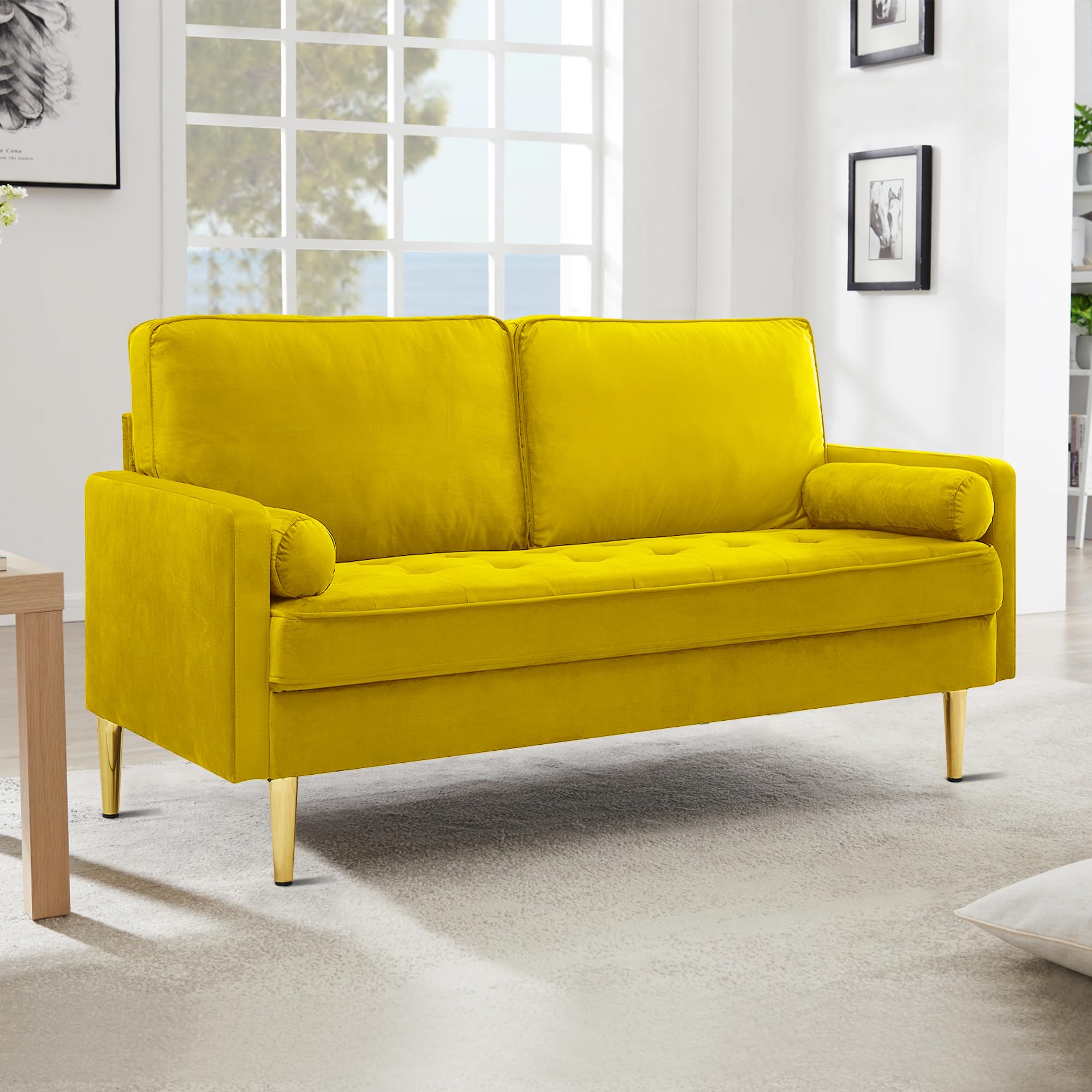 Hdxdkog Velvet Loveseat Sofa, 66.9'' Mid Century Modern Small Love Seats with 2 Pillows & Golden Legs Comfy Couch for Living Room, Upholstered 2 Seater Sofa for Small Apartment (Yellow)