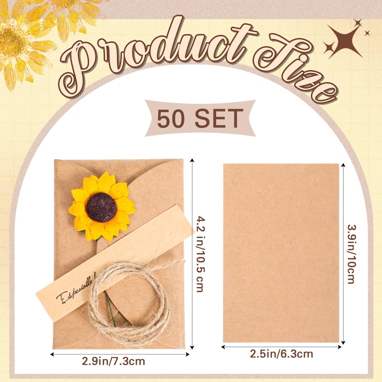 Qilery 50 Pcs Sunflower Gift Dried Flowers Greeting Cards Thank You Handmade Invitation Card DIY Vintage Kraft Blank Note Card with Envelopes for Birthday Christmas Teacher College, 2.76 x 4.13''