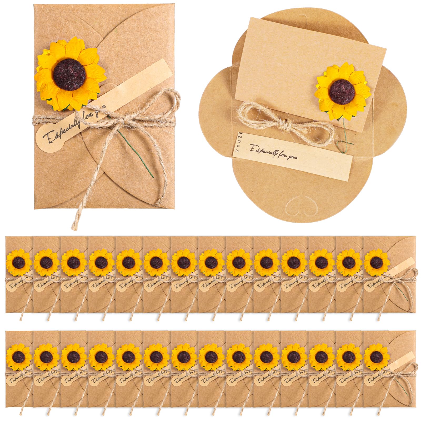 Qilery 50 Pcs Sunflower Gift Dried Flowers Greeting Cards Thank You Handmade Invitation Card DIY Vintage Kraft Blank Note Card with Envelopes for Birthday Christmas Teacher College, 2.76 x 4.13''