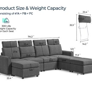 LINSY HOME Modular Sectional Sofa, Upgraded High Back Sectional Couch with 4 Headrests, U Shaped Sofa Bed with Storage, Sofa Covers Removable, 7 Seat Couch with Ottoman for Living Room, Dark Grey