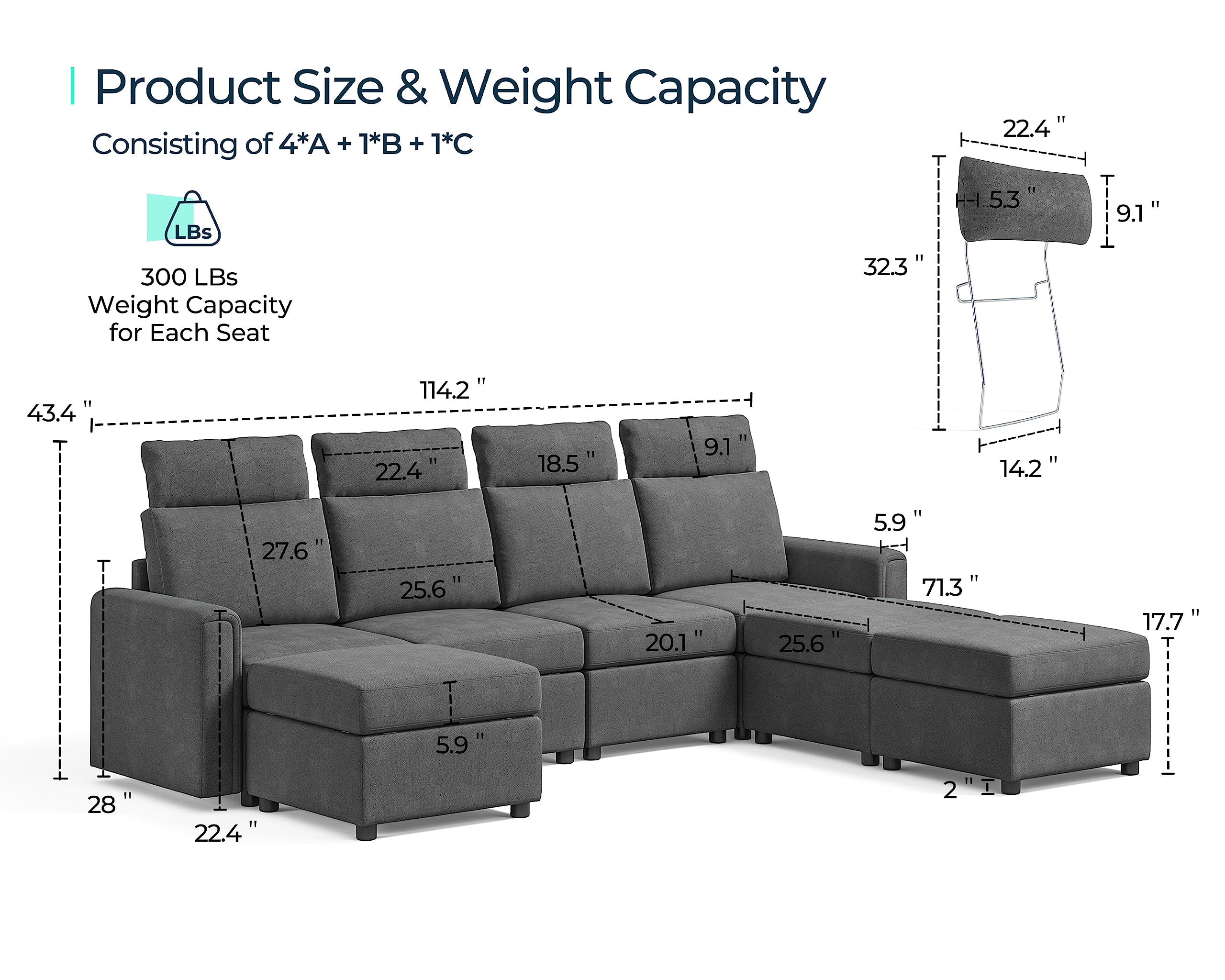 LINSY HOME Modular Sectional Sofa, Upgraded High Back Sectional Couch with 4 Headrests, U Shaped Sofa Bed with Storage, Sofa Covers Removable, 7 Seat Couch with Ottoman for Living Room, Dark Grey