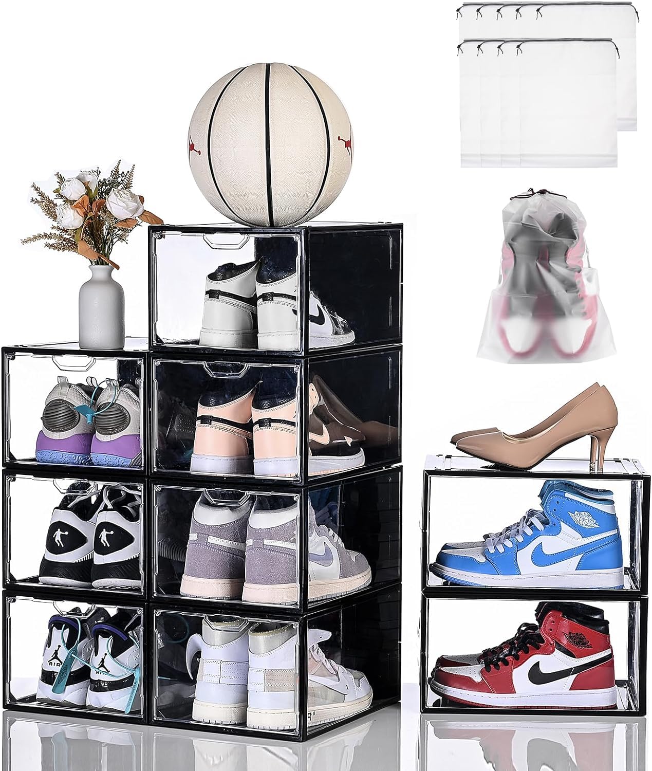 jphoiy box Shoe Storage Boxes Clear Stackable, 9 Packs Shoe Organizer for Closet,Sneaker Box, Strong and Sturdy Fit Up to Maximum Size of US12