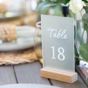 Table Numbers for Events/Weddings - 1-20 Numbered Acrylic Table Number Holders - Rustic Table Number Stands w/Wooden Base - Wedding Table Numbers - Acrylic Table Signs for Receptions, Parties & More