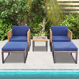 Tangkula 5 Piece Patio Chair Set, Acacia Wood Chair Set w/Ottomans & Coffee Table, Soft Seat & Back Cushions, Outdoor Wood Furniture Set for Backyard, Poolside, Garden