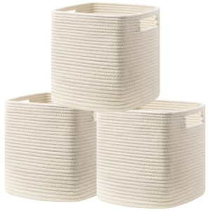 ubbcare set of 3 cotton rope basket 13 x 13 x 13 inches, woven storage baskets for shelves, organizing with handles, cube storage bins for storage books, magazines, beige