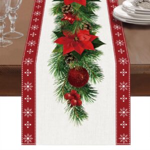 netnology watercolor poinsettia red christmas table runner with white snowflake,seasonal winter xmas party decoration holiday indoor home kitchen decor 13 x 72 inch