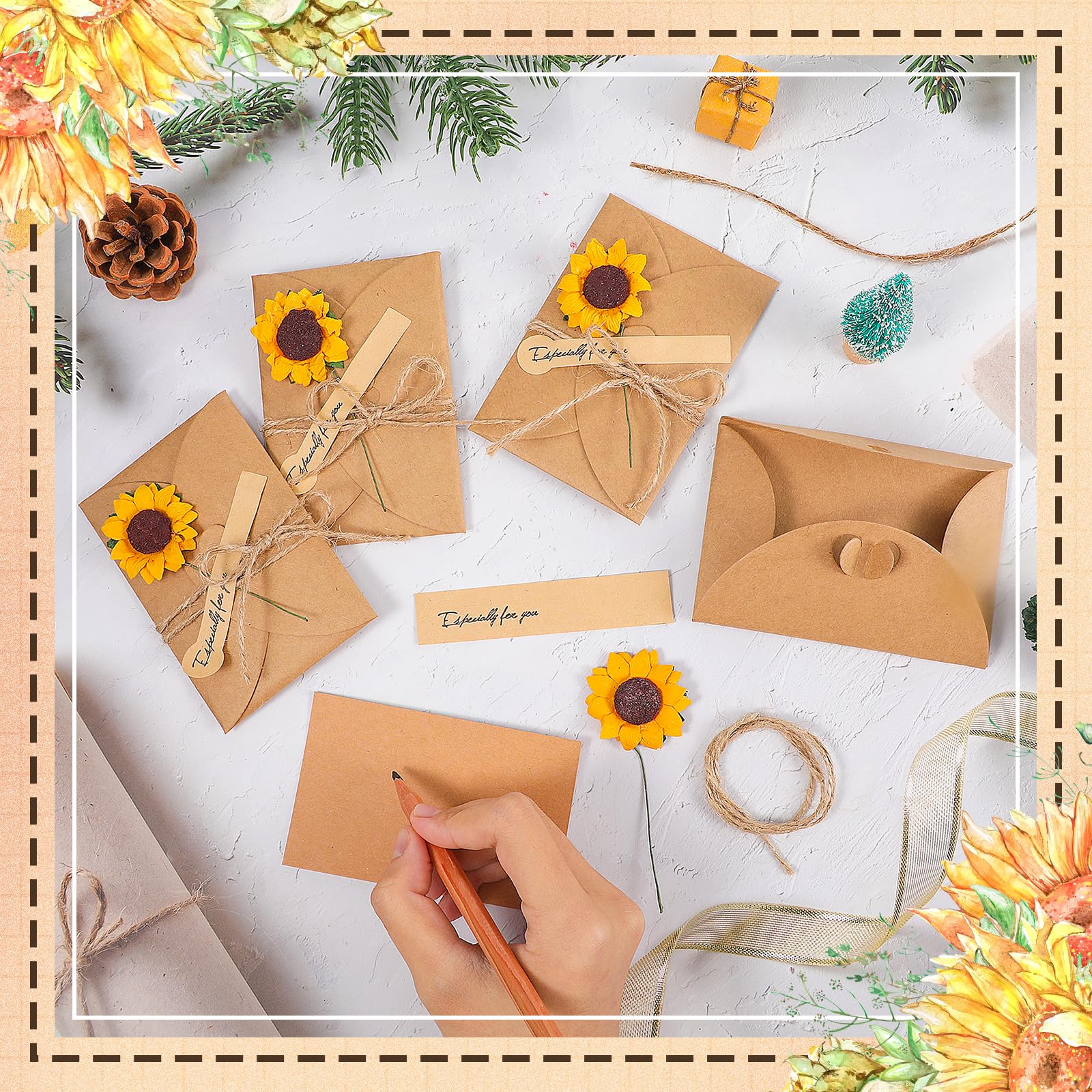 Qilery 50 Pcs Sunflower Gift Dried Flowers Greeting Cards Thank You Handmade Invitation Card DIY Vintage Kraft Blank Note Card with Envelopes for Birthday Christmas Teacher College, 2.76 x 4.13''