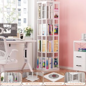 Aheaplus Rotating Bookshelf, Corner Bookshelf, 360 Display Wood Spinning Bookshelf, Floor Standing Bookcase Narrow Shelf Revolving Organizer Storage Rack for Small Space, Bedroom, Study Room, White