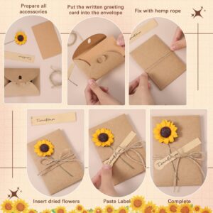 Qilery 50 Pcs Sunflower Gift Dried Flowers Greeting Cards Thank You Handmade Invitation Card DIY Vintage Kraft Blank Note Card with Envelopes for Birthday Christmas Teacher College, 2.76 x 4.13''