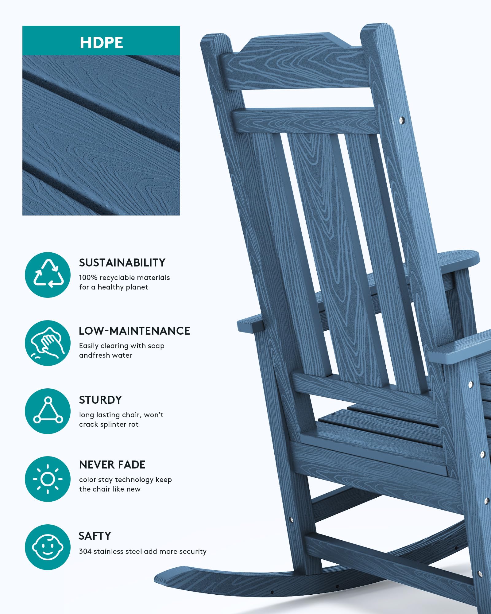 SERWALL Outdoor Rocking Chair, HDPE Poly Rocking Chair for Adults, All Weather Heavy Duty Front Porch Rocker, Blue