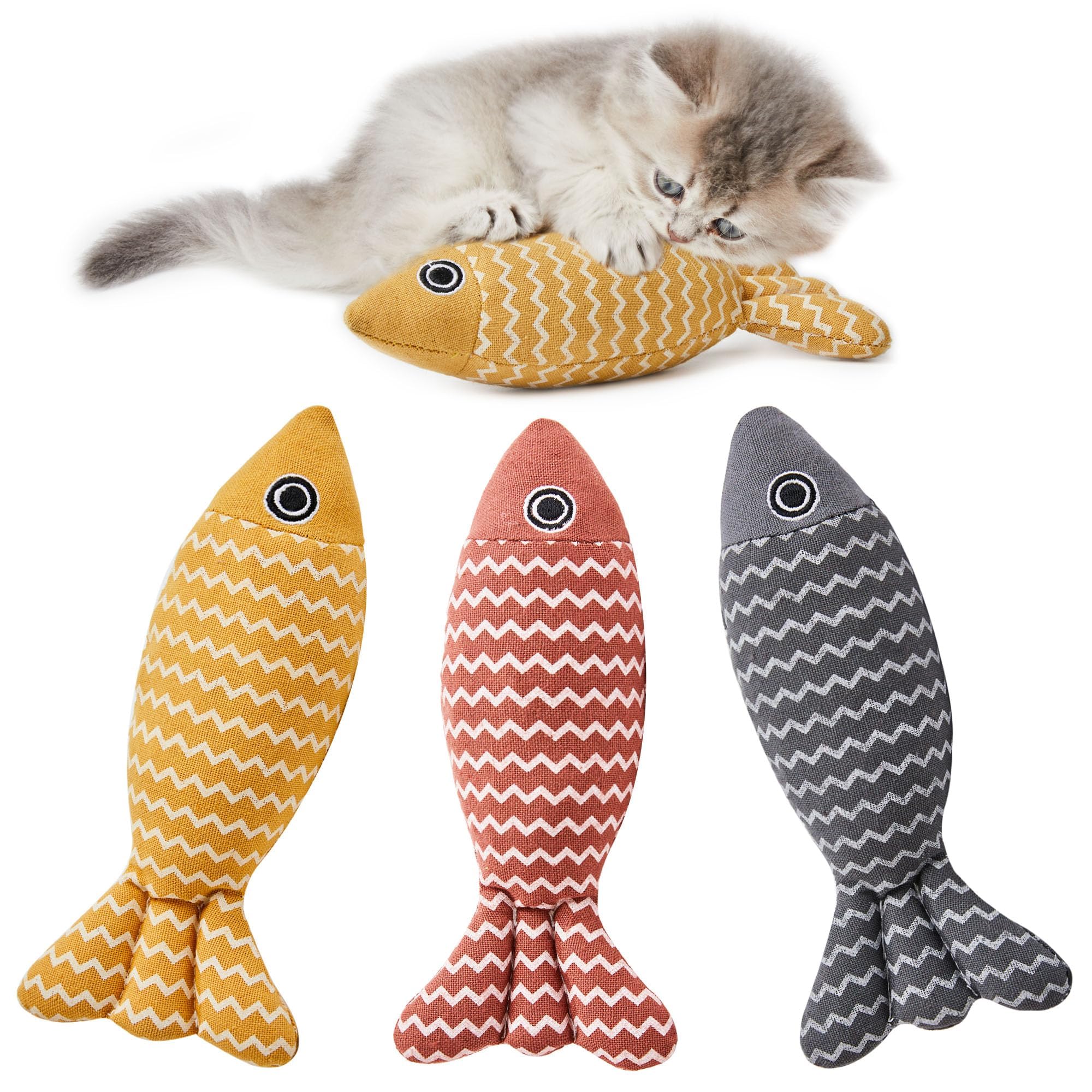 Potaroma Cat Toys Fish, 3 Pcs Crinkle Sound Catnip Toys Soft Linen, Interactive Kitten Exercise Kicker Toys for Indoor Cats 7.8 Inches for All Breeds