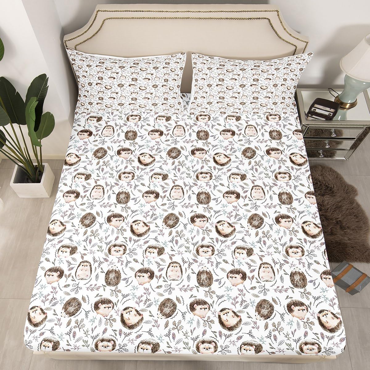 Erosebridal Cute Hedgehog Sheet Set Twin Size, Animal Pattern Sherpa Bed Sheets, Soft Kawaii Kids Sheets Hedgehog Gifts for Girls Women Hedgehog Lovers Leaves Branch Top Sheet with Deep Pocket