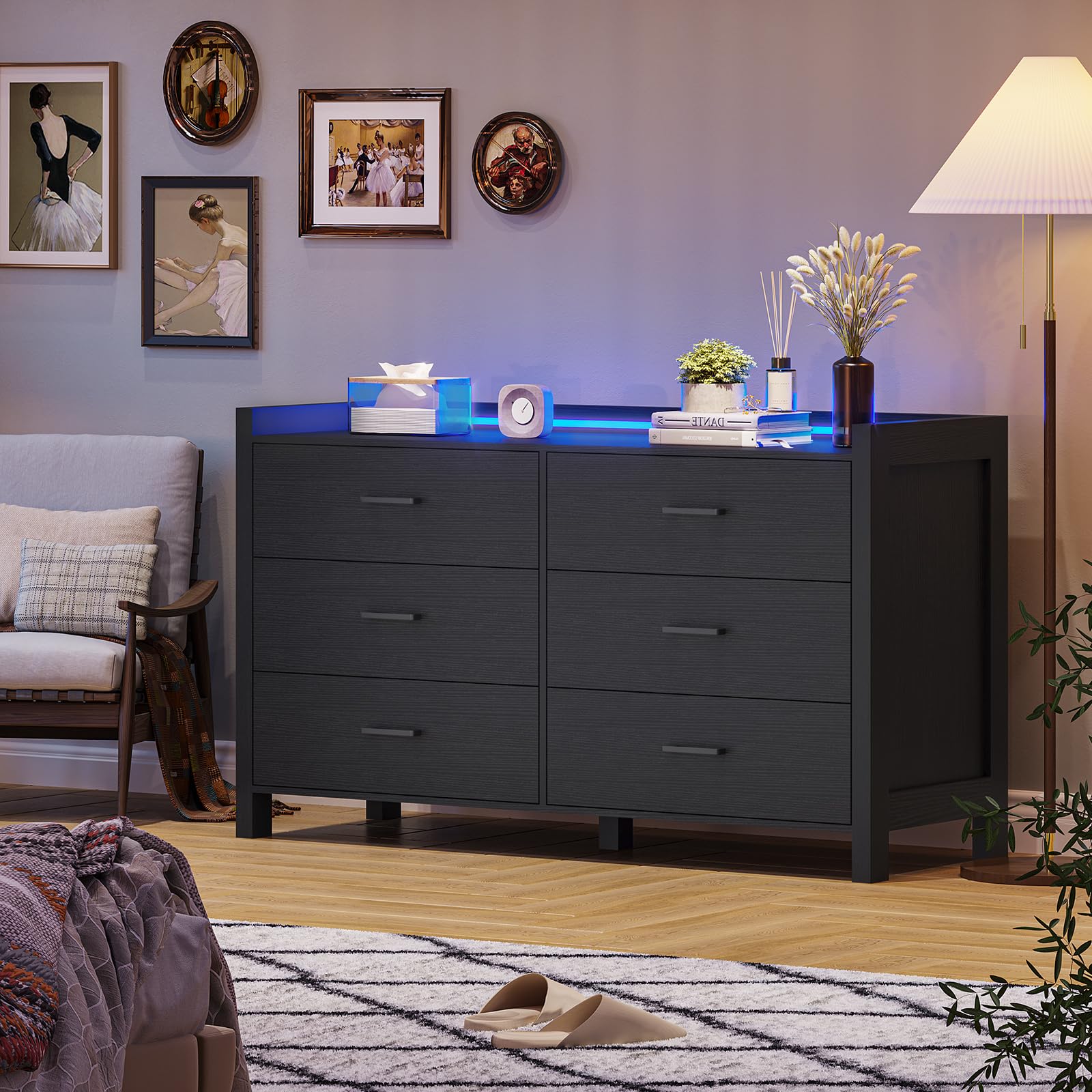 EPHEX Dresser for Bedroom, 6 Drawer Double Dresser with LED Lights, Wood Chest of Drawers, Modern Storage Dresser for Bedroom, Black