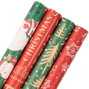 RUSPEPA Kraft Wrapping Paper Rolls - 17 inches x 10 feet per Roll, Total of 4 Rolls, Santa Claus, Snowflake and Christmas Tree Design