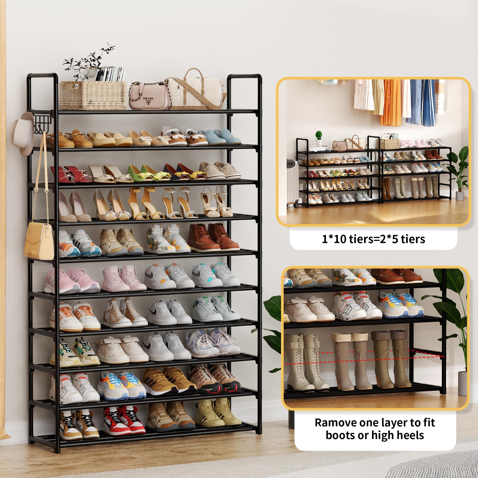 HOMICKER Shoe Rack,10 Tier Shoe Organizer Large Shoe Storage with Hooks,Fit 40-50 Pairs Shoes,Metal Tall Shoe Shelf for Closet,Entryway,Garage,Bedroom