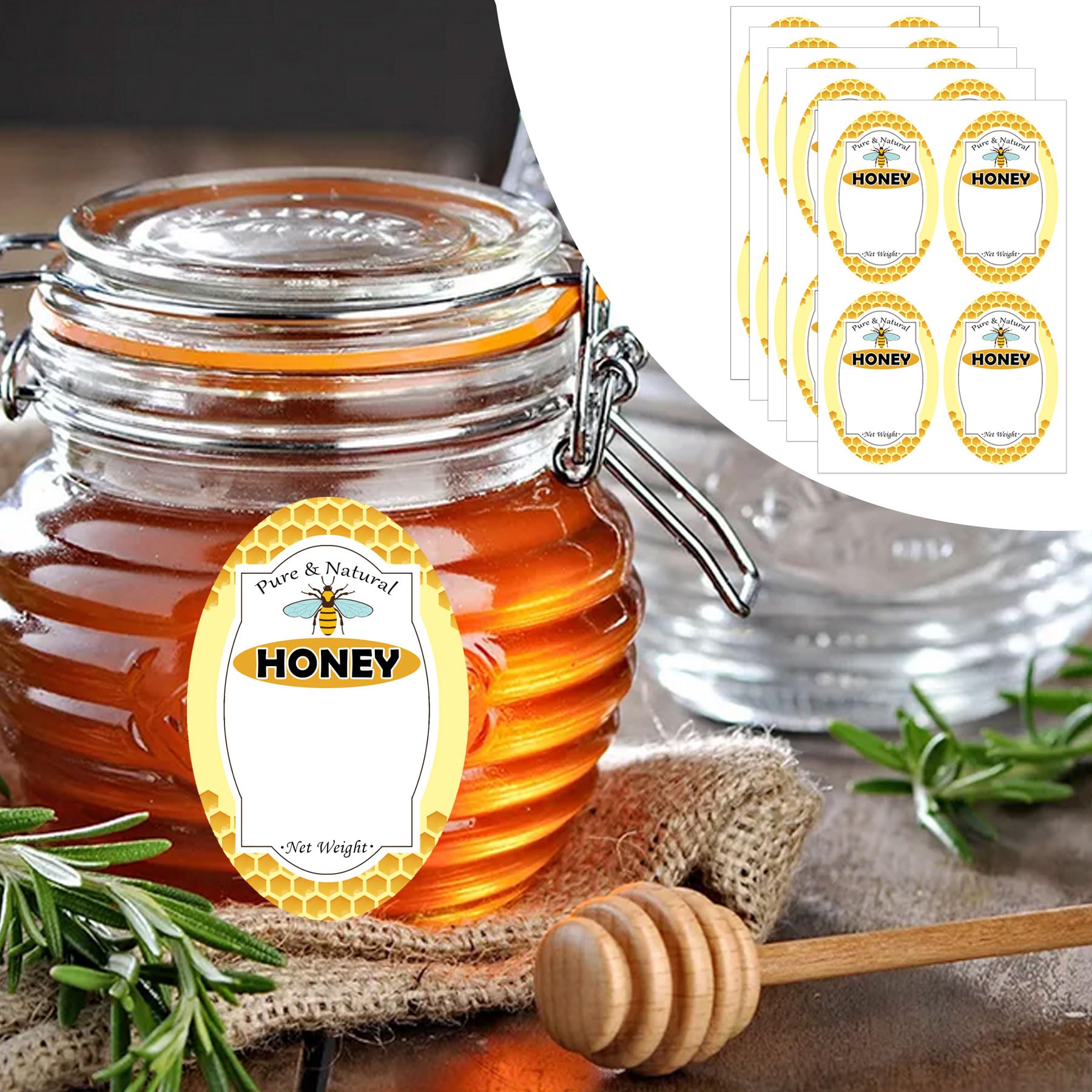 Pure Natural Honey Jars and Bottles Labels 2 x 3 Inch Honey Bottling Labels - Honey Farm Kitchen Name Home Business Round Mason Jar Labels for Honey Quart Jars and Honey Bears 60 Pcs