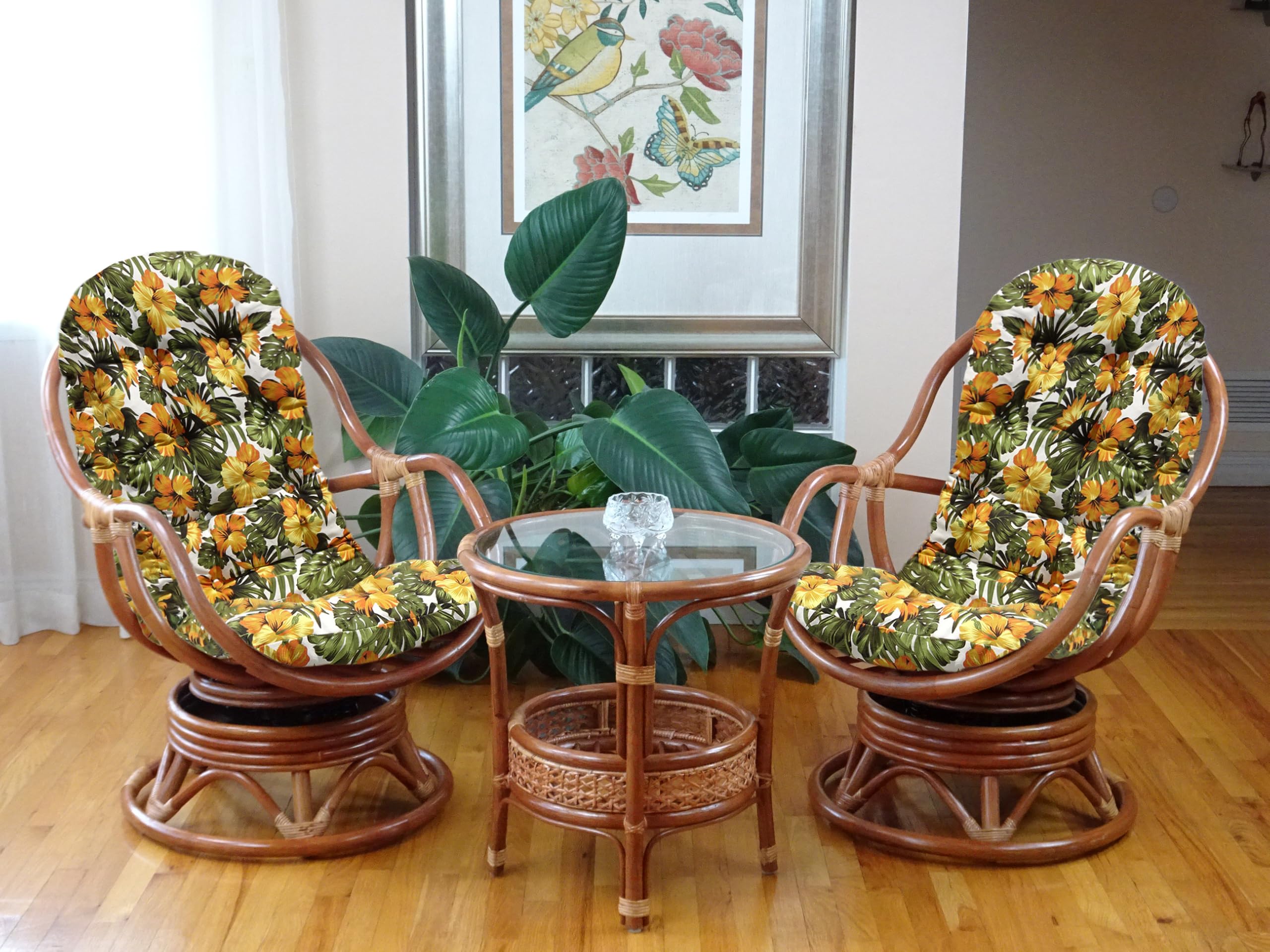 Bali Lounge Swivel Rocking Chair with Floral Cushion Natural Rattan Wicker Handmade, Colonial