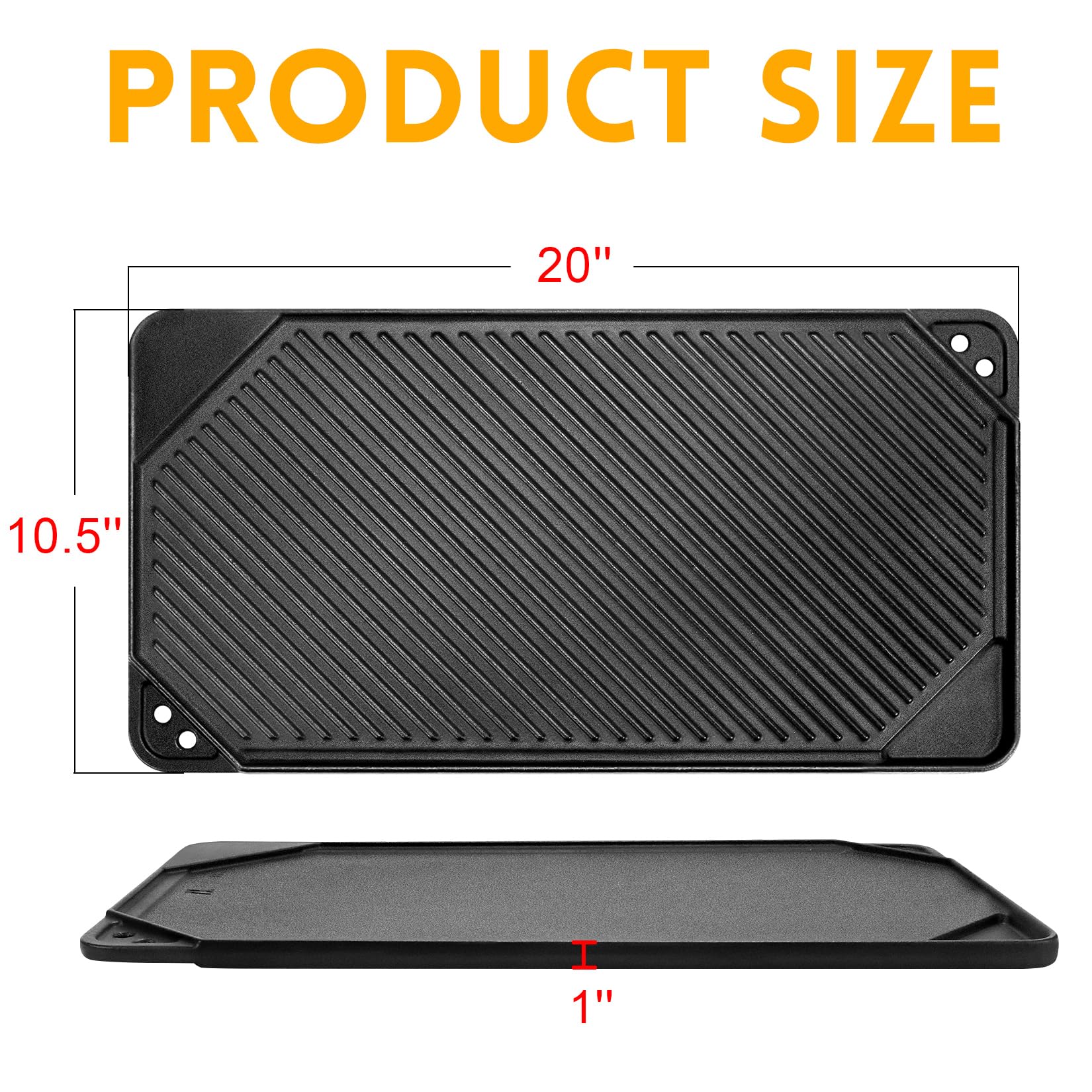 GGC Cast Iron Reversible Griddle, Double-sided Griddle pan for Indoor and Outdoor Cooking, 20 x 10.5 Baking Flat and Ribbed Griddle Plate for Stove Tops, Gas Grills and Camping