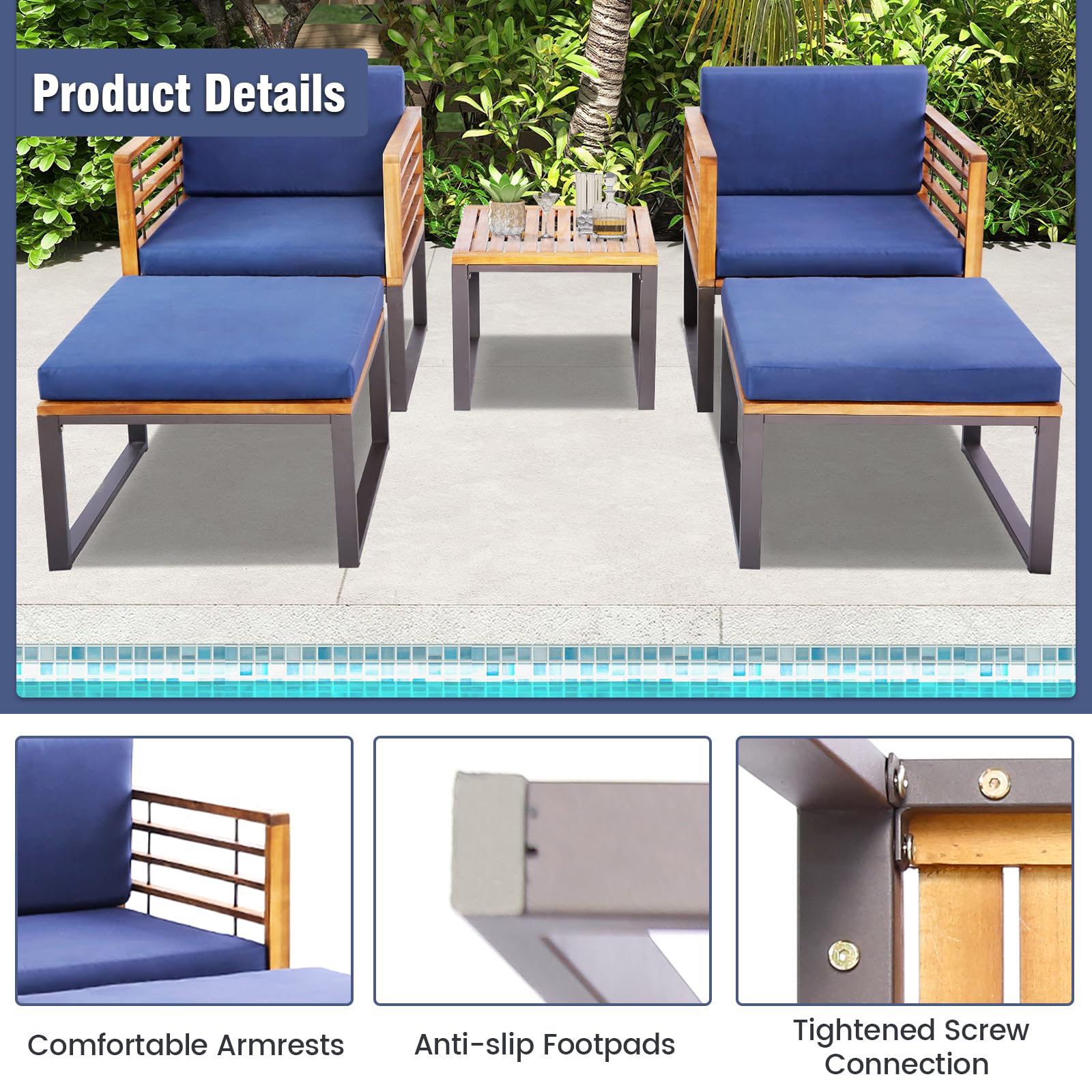 Tangkula 5 Piece Patio Chair Set, Acacia Wood Chair Set w/Ottomans & Coffee Table, Soft Seat & Back Cushions, Outdoor Wood Furniture Set for Backyard, Poolside, Garden