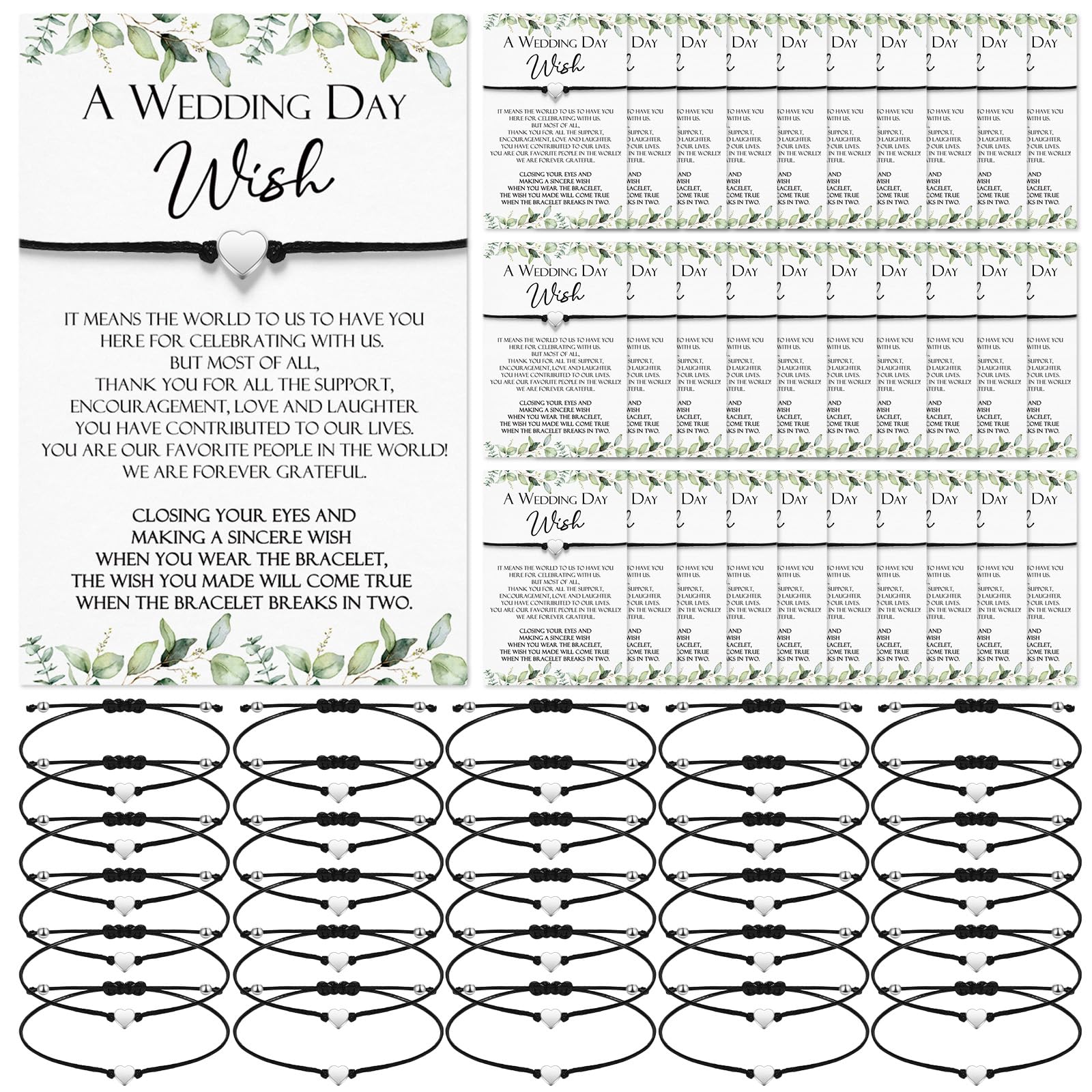 Sasylvia 50 Sets Wedding Favors for Guests Bracelets Bulk Adjustable Bracelets with Thank You Wish Cards for Wedding Party Gifts Bridal Shower Souvenirs(Greenery)