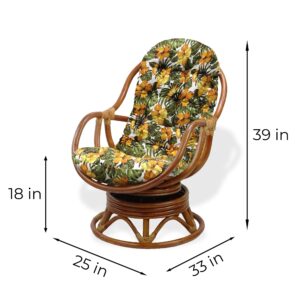 Bali Lounge Swivel Rocking Chair with Floral Cushion Natural Rattan Wicker Handmade, Colonial