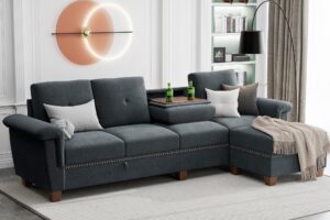 jamfly sectional couches for living room l shaped couch with storage, 4-seat convertible sectional sofa couch with ottoman, living room furniture sets with cup holders, dark gray