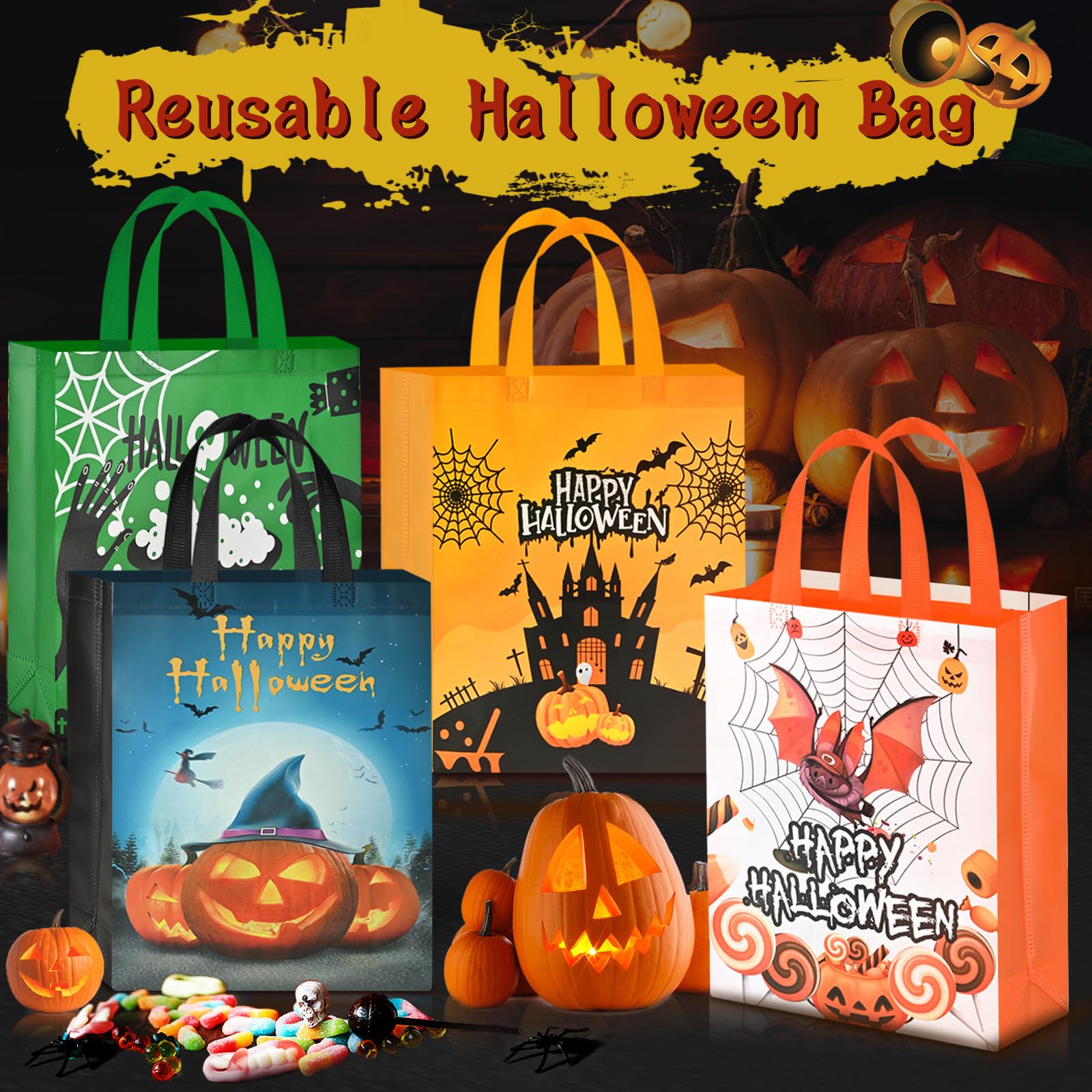 AhfuLife 6 Pcs Halloween Trick or Treat Bags, Large Halloween Tote Bags with Handles, Reusable Halloween Non-Woven Candy Bags for Halloween Party Supplies Favors (15''×11.8''×3.9’’)