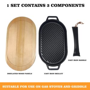 JIN BETTER GRILL PARTS New Skillet with Insulated Wooden Cushion and Removable Handle Compatible with Gas Cooktops and Grills