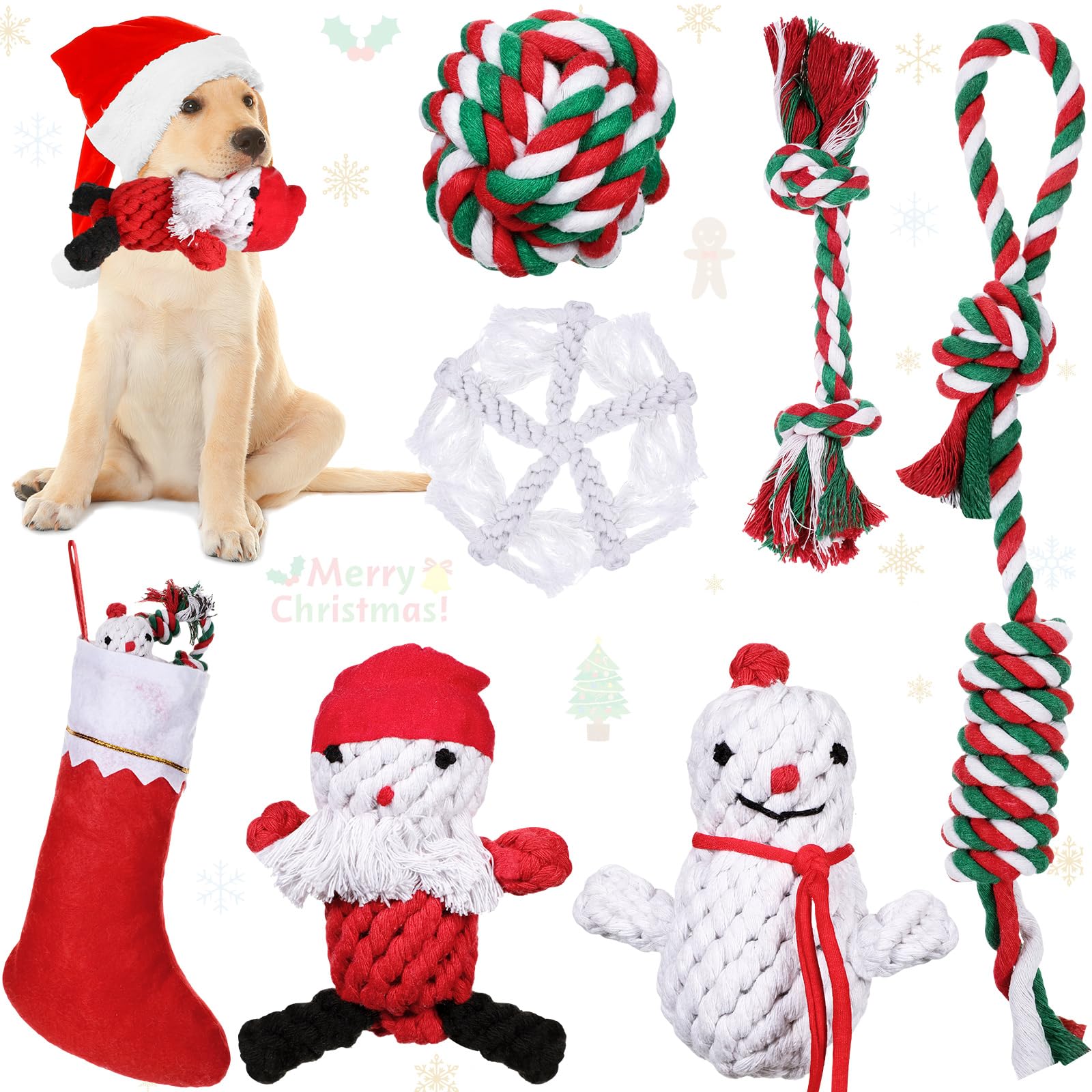 Jenaai Christmas Dog Toys 6 Pack Dog Rope Toys with 1 Pack Christmas Stocking Dog Rope Chew Toys Puppy Chew Toys Santa Snowman Dog Toy Set Tough for Small Medium Dogs Training Teething Cleaning