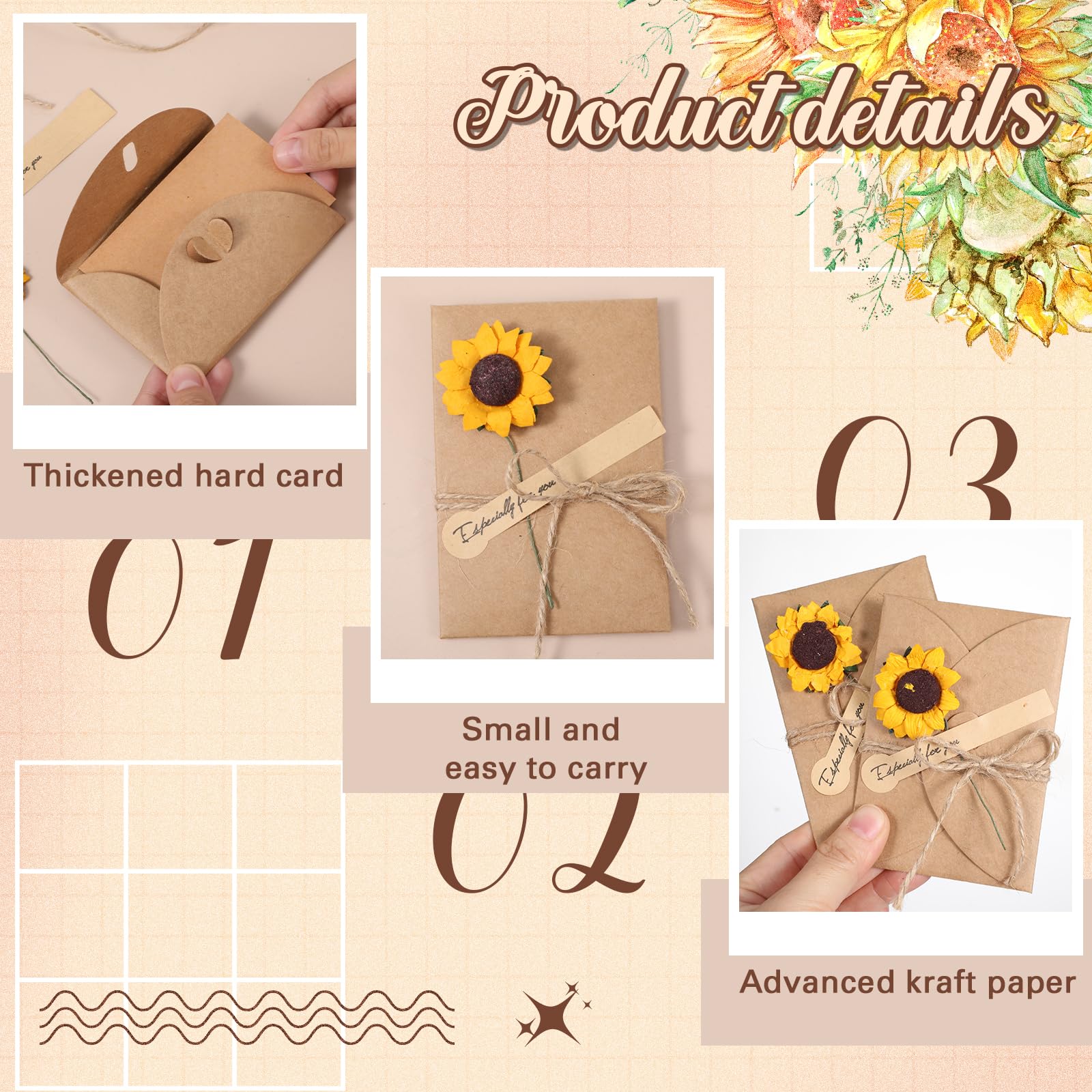 Qilery 50 Pcs Sunflower Gift Dried Flowers Greeting Cards Thank You Handmade Invitation Card DIY Vintage Kraft Blank Note Card with Envelopes for Birthday Christmas Teacher College, 2.76 x 4.13''