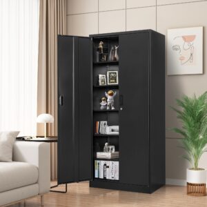 YEEZER Metal Storage Cabinet 71” with 2 Doors and 5 Adjustable Shelves, Garage Steel Locking Cabinet, Tall Cabinets Lockable File Cabinet for Home, Office, Garage, Gym, School. (Black)