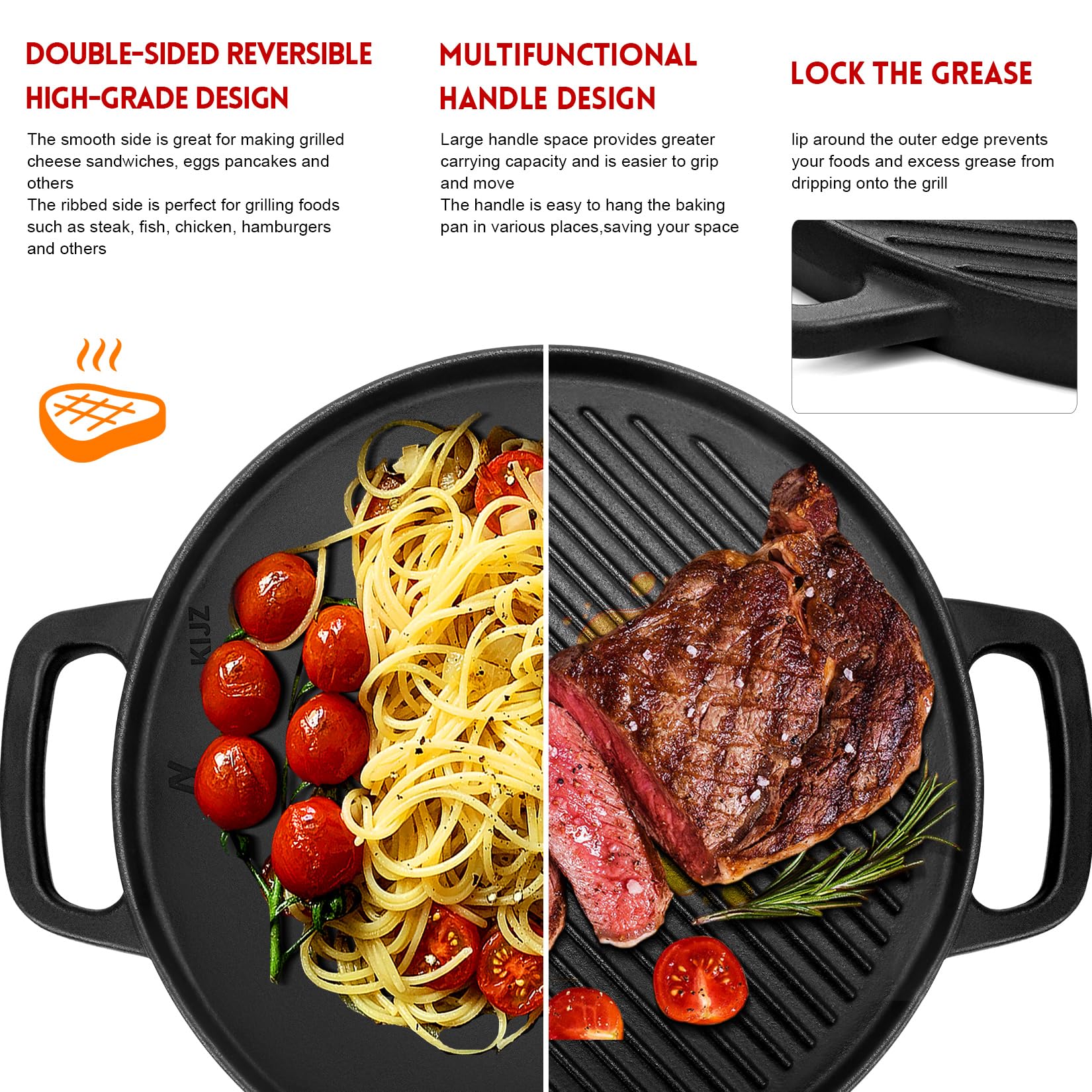 GGC Cast Iron Reversible Griddle, 12 inch Griddle Pan for Stove Tops, Gas Grills and Outdoor Cooking, Double-sided Griddle Plate with Baking Flat and Ribbed