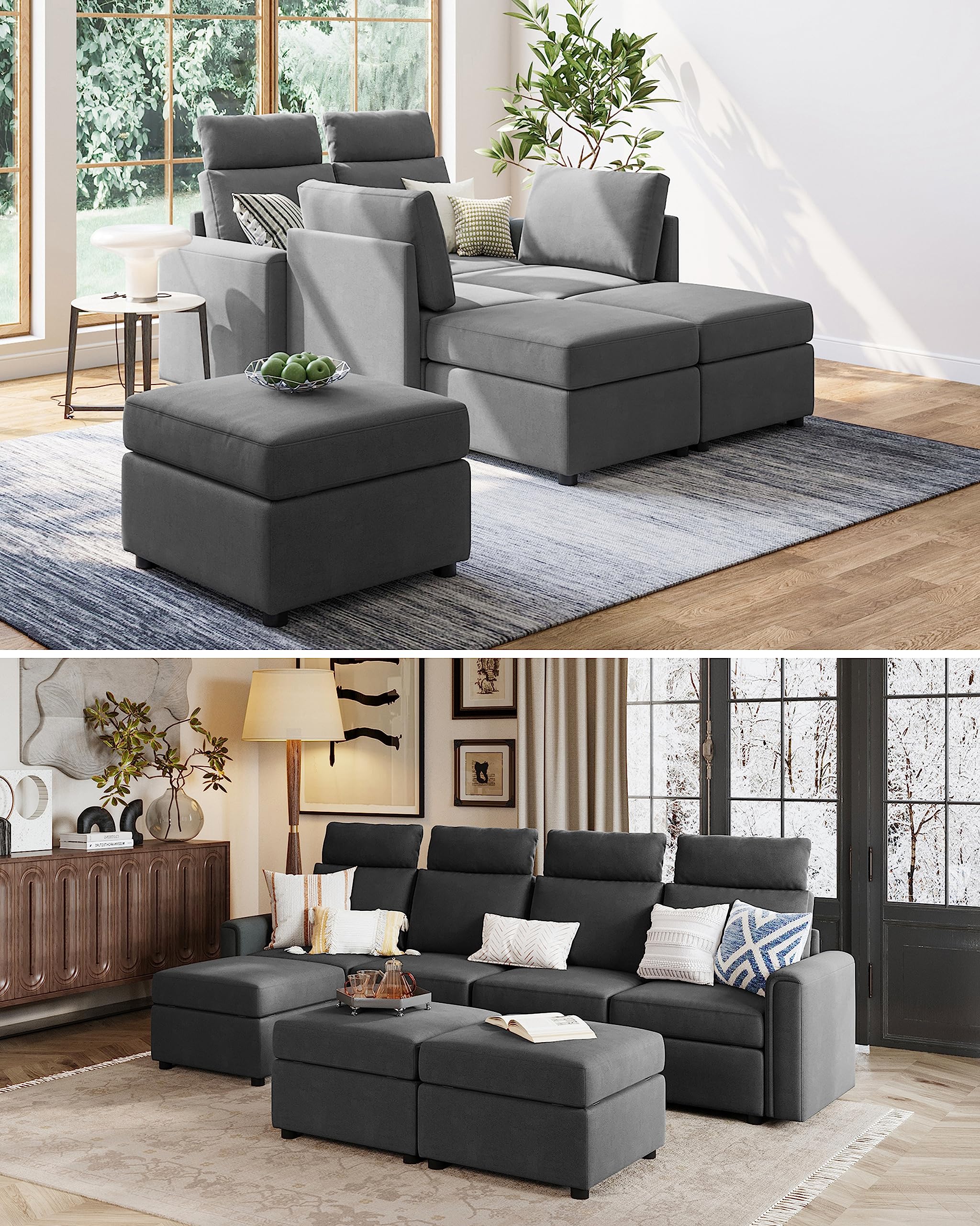 LINSY HOME Modular Sectional Sofa, Upgraded High Back Sectional Couch with 4 Headrests, U Shaped Sofa Bed with Storage, Sofa Covers Removable, 7 Seat Couch with Ottoman for Living Room, Dark Grey