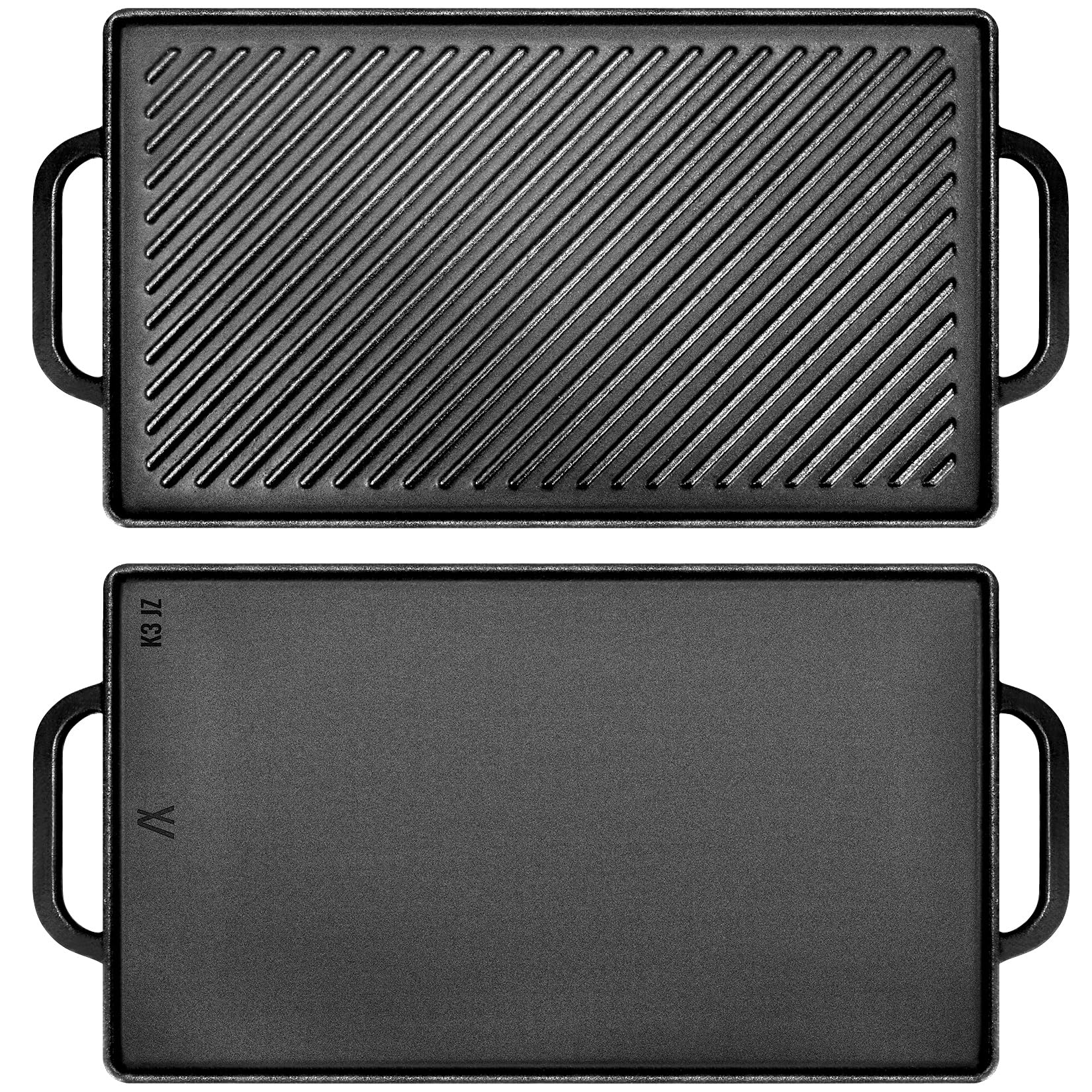 GGC Cast Iron Reversible Griddle, Double-sided Griddle Pan for Indoor and Outdoor Cooking, 15 x 9 Griddle Plate with Flat and Ribbed Side for Stove Tops, Gas Grills and Camping