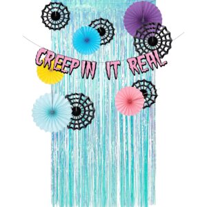 cheerland halloween party backdrop pastel banner spiderweb fan banner foil party streamers for halloween theme birthday wedding baby shower cosplay party supplies