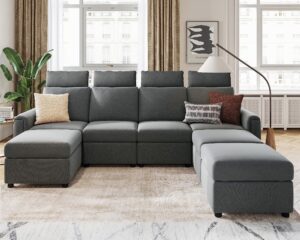 linsy home modular sectional sofa, upgraded high back sectional couch with 4 headrests, u shaped sofa bed with storage, sofa covers removable, 7 seat couch with ottoman for living room, dark grey