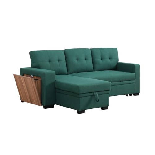 Devion Furniture 92" W Modern L-Shaped Polyester Fabric Upholstered Reversible Side Compartment Sleeper Sectional Sofa Bed with Chaise in Green Finish