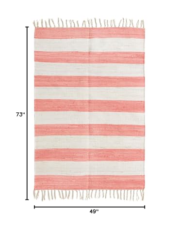 Unique Loom Chindi Rag Collection Area Rug - Striped (4' 1" x 6' 1" Rectangle, Coral and Ivory)