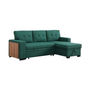 devion furniture 92" w modern l-shaped polyester fabric upholstered reversible side compartment sleeper sectional sofa bed with chaise in green finish