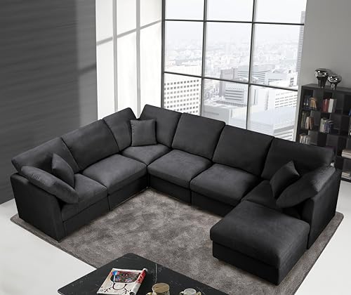 Oversized Modular Cushions Sectional Sofa Couch with Movable Ottoman ,L-Shaped Corner Low Back Deep Seater Sectional&Couch for Home Office Apartment Living Room Furniture Sets, Spacious Space Sofá