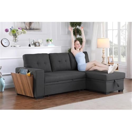 Devion Furniture 92" W Modern L-Shaped Polyester Fabric Upholstered Reversible Side Compartment Sleeper Sectional Sofa Bed with Chaise in Dark Gray Finish