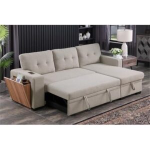 Devion Furniture 92" W Modern L-Shaped Polyester Fabric Upholstered Reversible Side Compartment Sleeper Sectional Sofa Bed with Chaise in Light Gray Finish