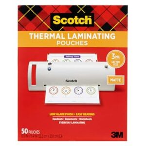 Scotch Matte Thermal Laminating Pouches, Ultra Clear with Matte Finish, Letter Size 8.9 in x 11.4 in, 50-Pack