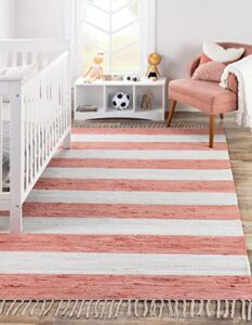 unique loom chindi rag collection area rug - striped (4' 1" x 6' 1" rectangle, coral and ivory)